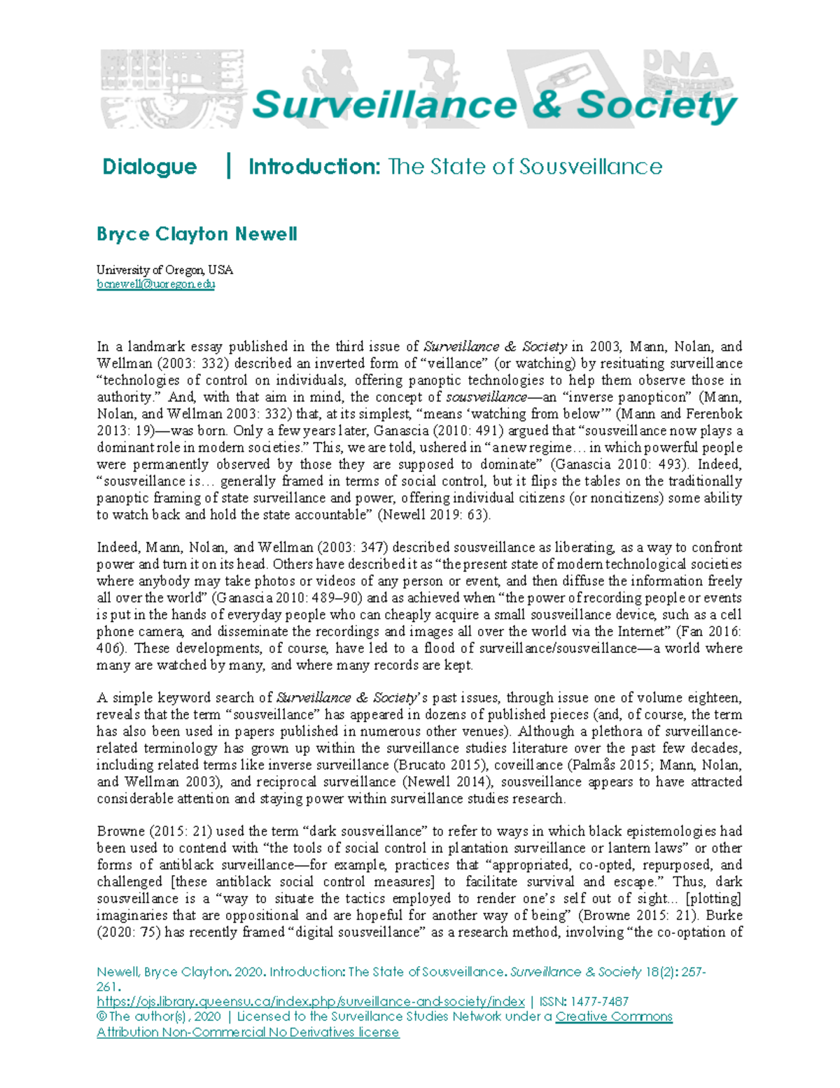 Introduction The State of Sousveillance - Newell, Bryce Clayton. 20 20 ...