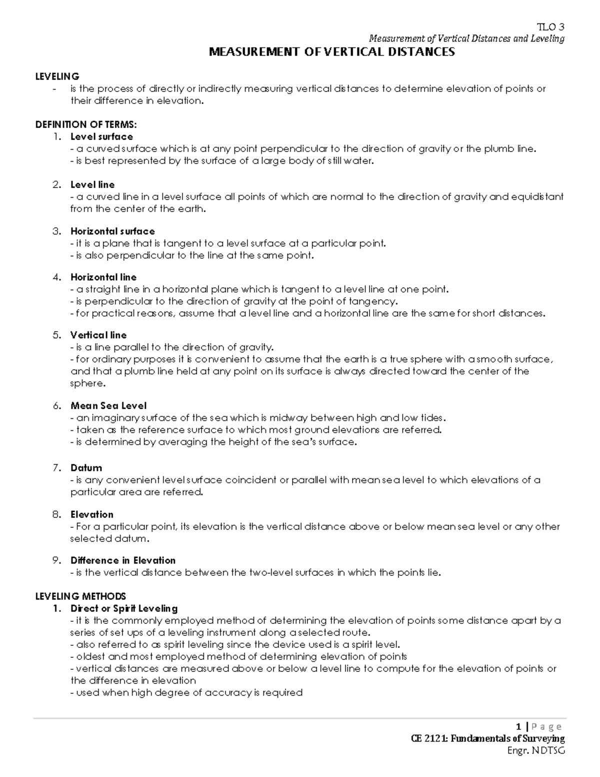 3 Measurement of Vertical Distances and Leveling - DEFINITION OF TERMS ...