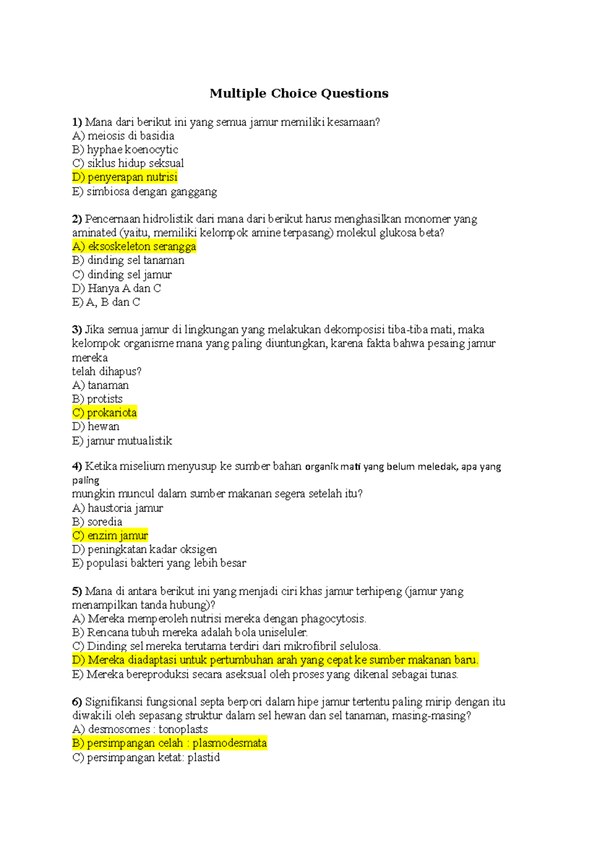 Soal Multiple Choice Questions Jamur - Multiple Choice Questions Mana dari berikut ini yang ...
