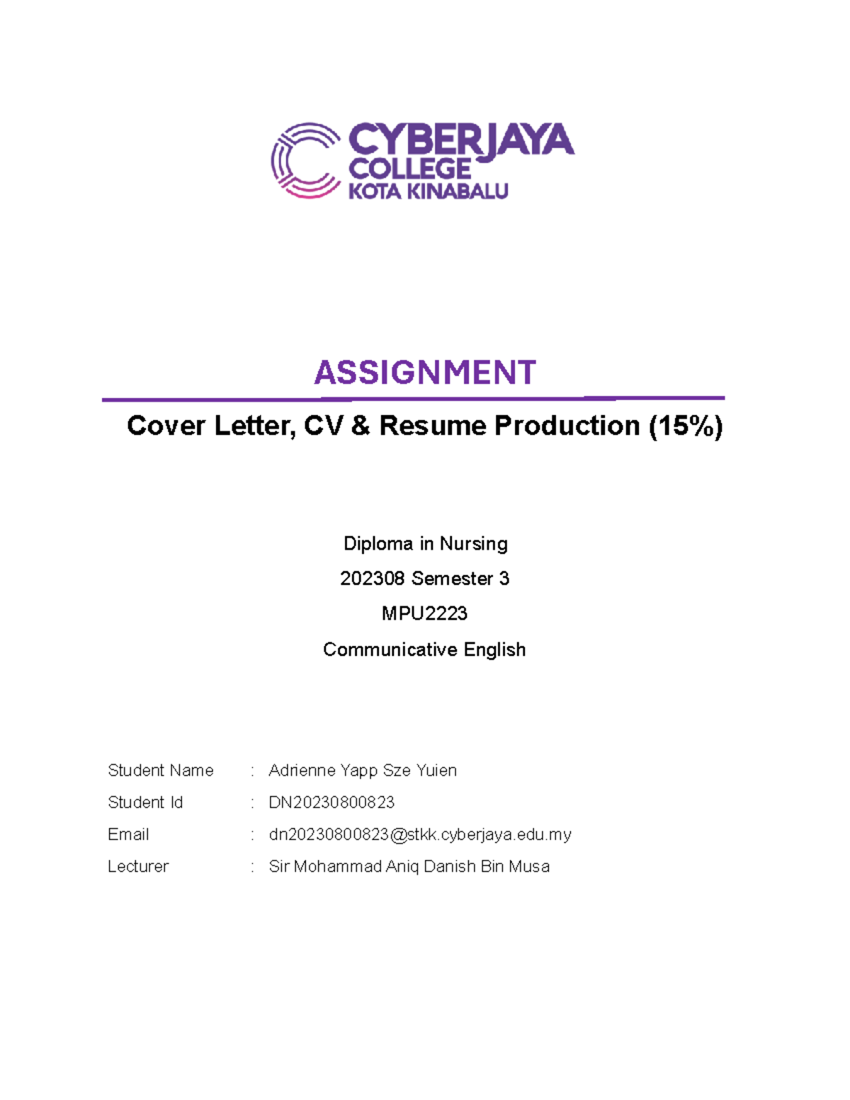 Cover Letter and Curriculum Vitae - ASSIGNMENT Cover Letter, CV ...