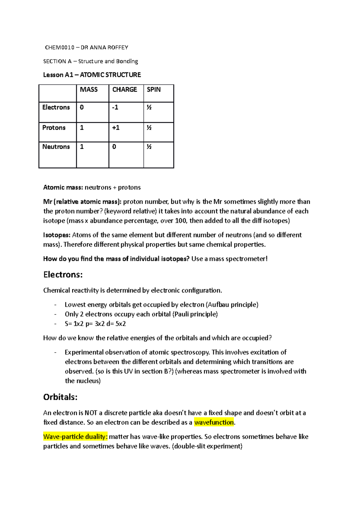 CHEM0010 lesson A1 - CHEM0010 – DR ANNA ROFFEY SECTION A – Structure ...