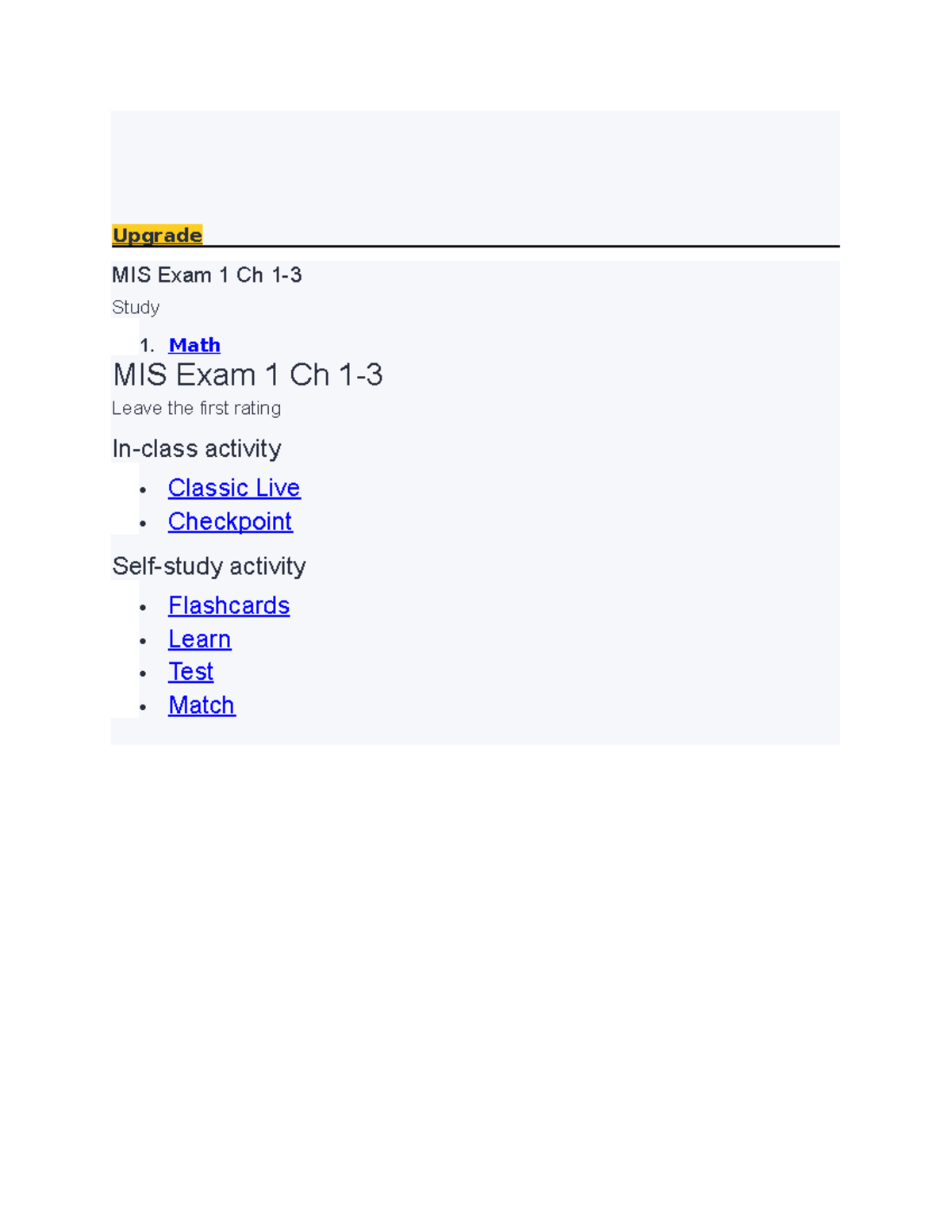 MIS Prelim - Upgrade MIS Exam 1 Ch 1- Study 1. Math MIS Exam 1 Ch 1 ...
