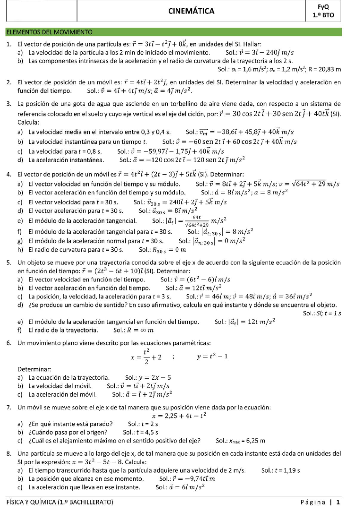 Ejercicios cinemática - Física 1° Bachillerato - Física y Química - Studocu