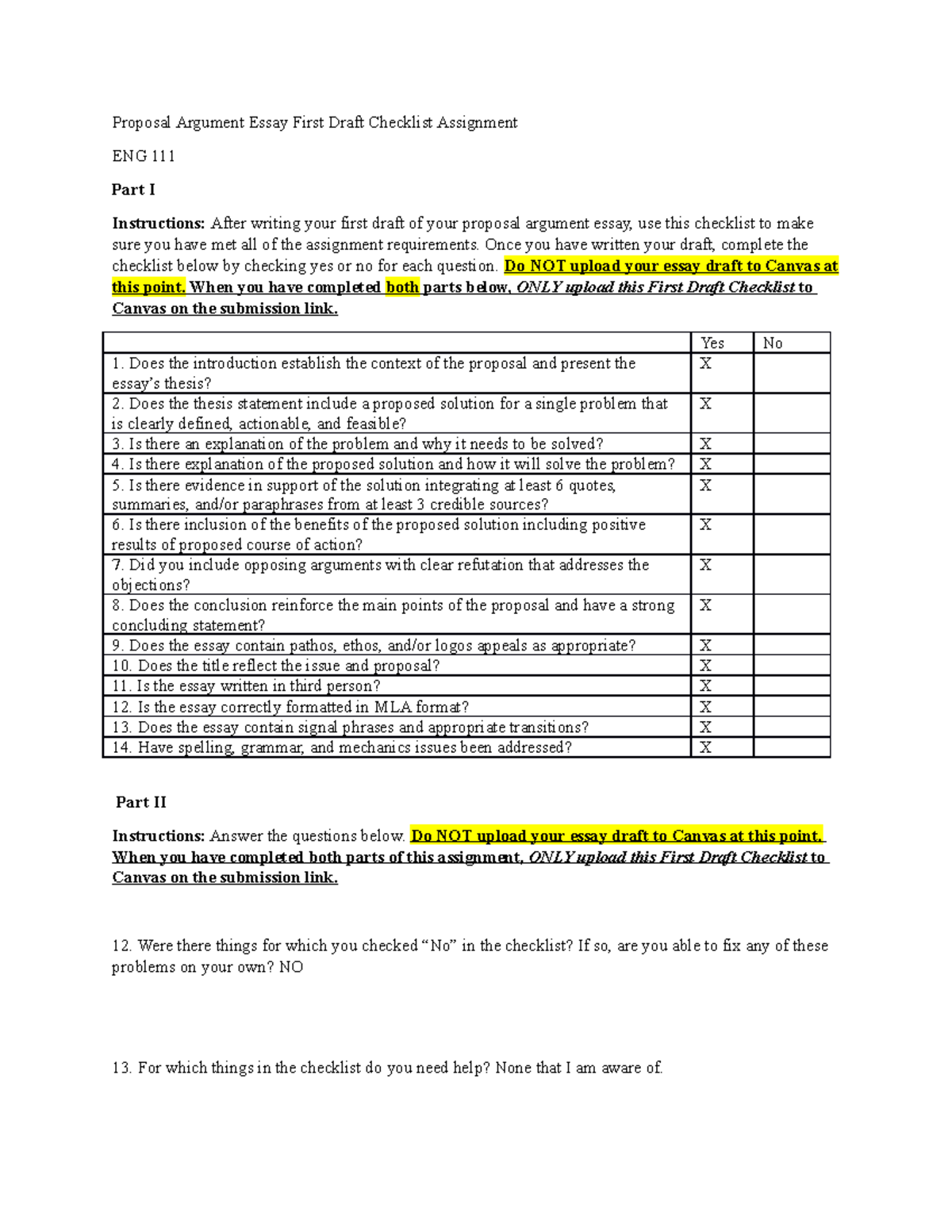 Proposal Argument Essay First Draft Checklist Assignment (2) - Once you ...