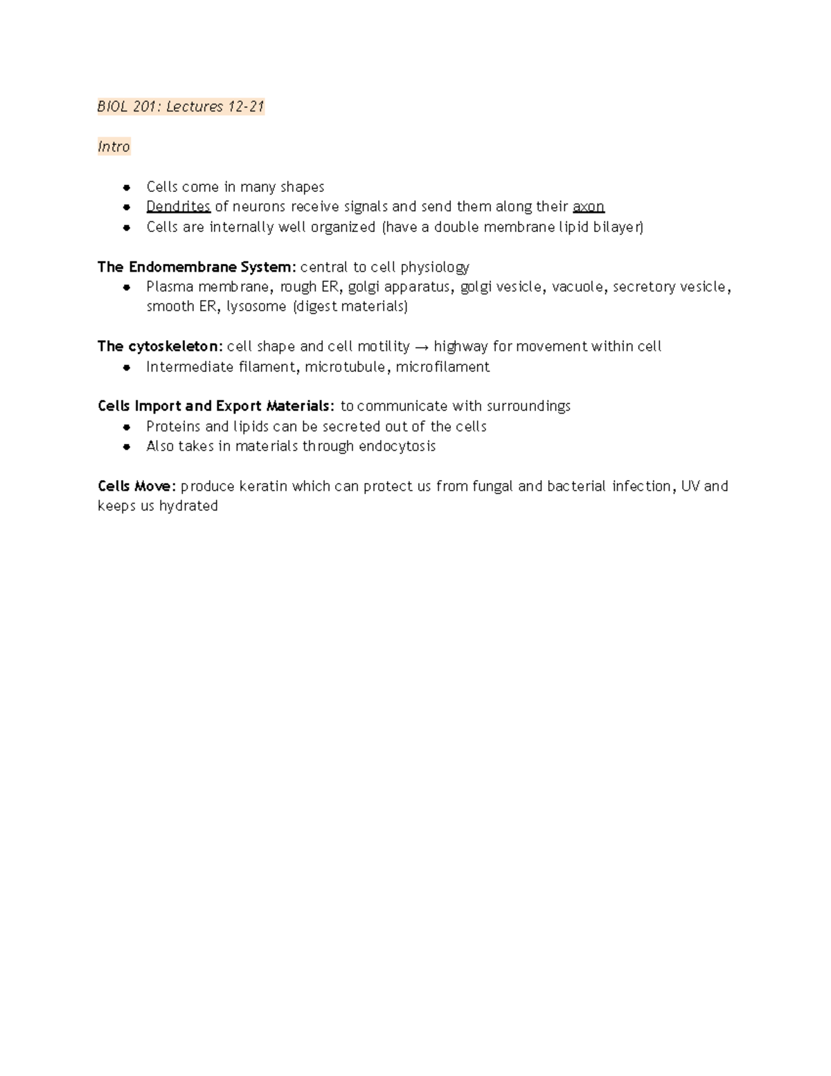 BIOL 201 post midterm - Summary Cell Biology and Metabolism - BIOL 201 ...