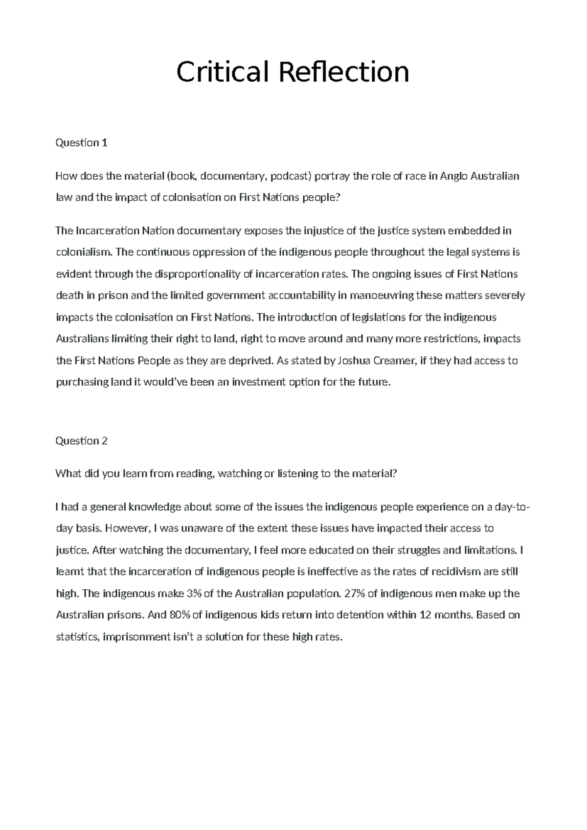 Critical reflection - Critical Reflection Question 1 How does the ...