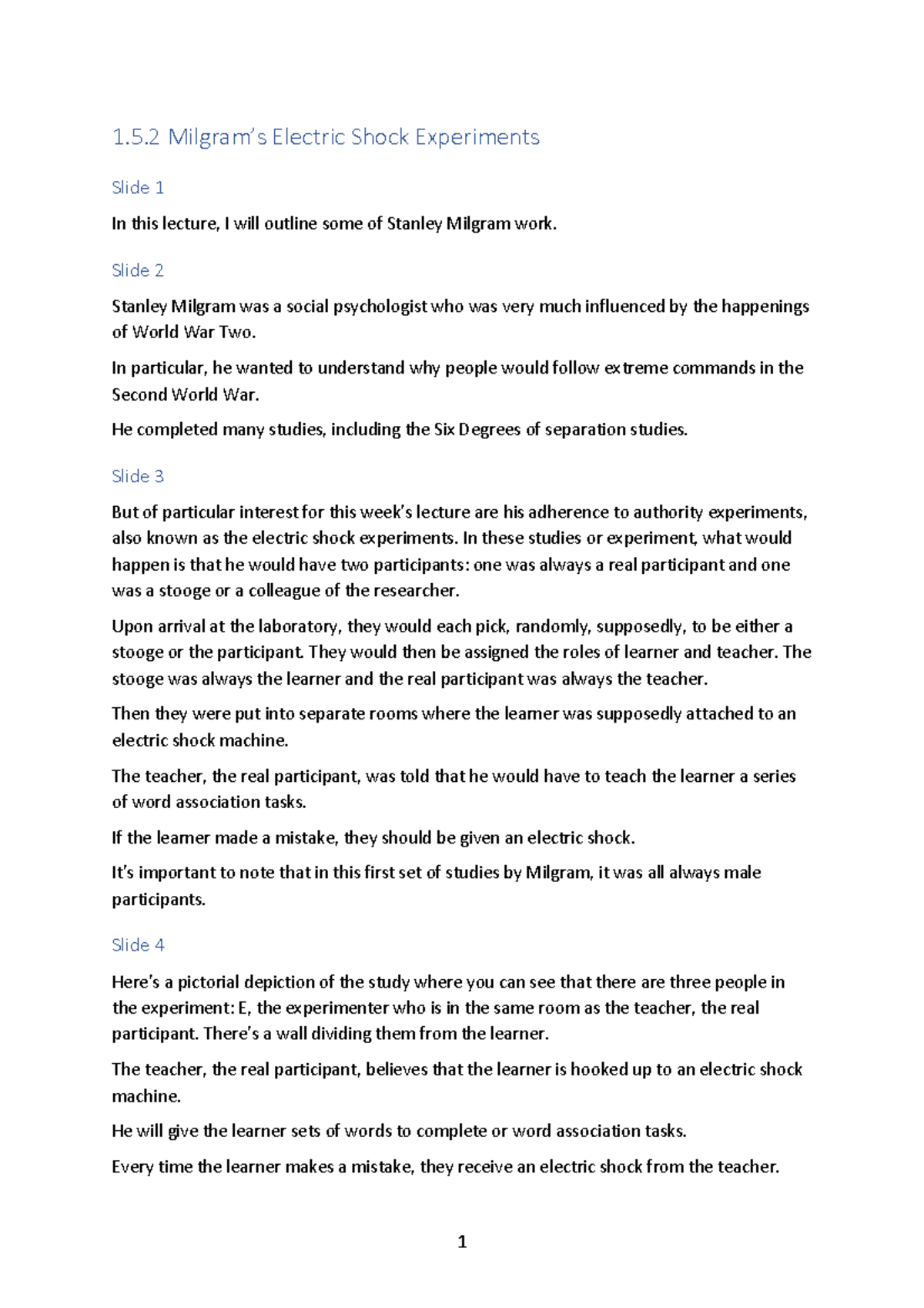 Micro-lecture 1.5.2 Milgram's Electric Shock Experiments Transcript - 1 1.5 Milgram’s Electric ...