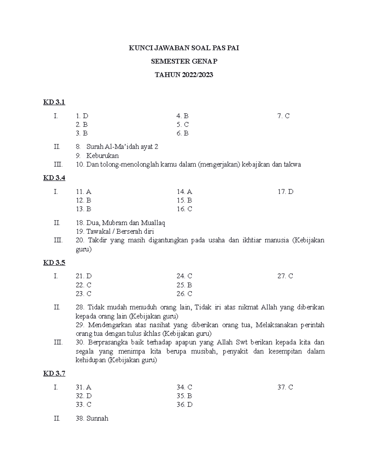 Kunci Jawaban - Pendidikan Sekolah Dasar - KUNCI JAWABAN SOAL PAS PAI SEMESTER GENAP TAHUN 2022 ...