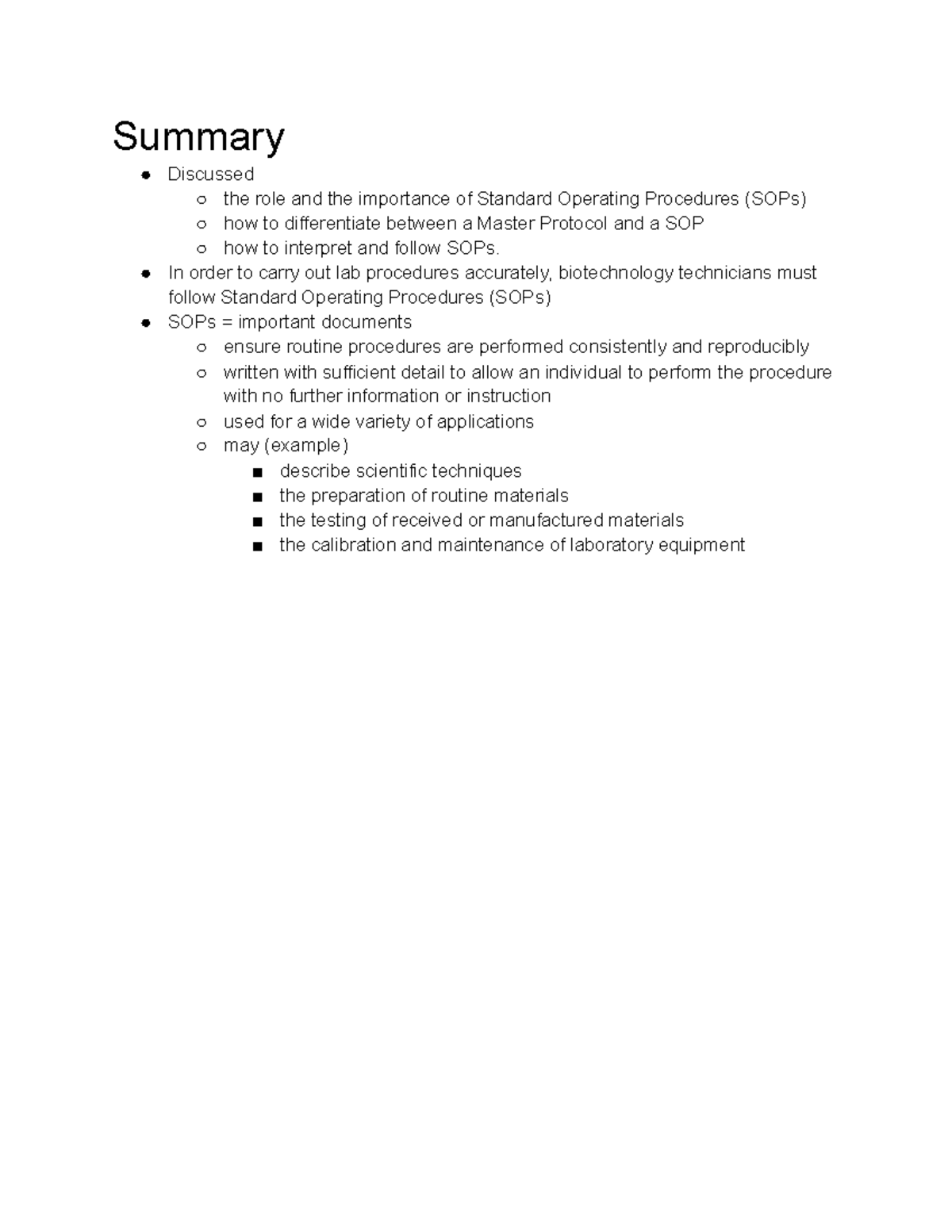 Standard Operating Procedures Pt. 4 - Summary Discussed the role and ...