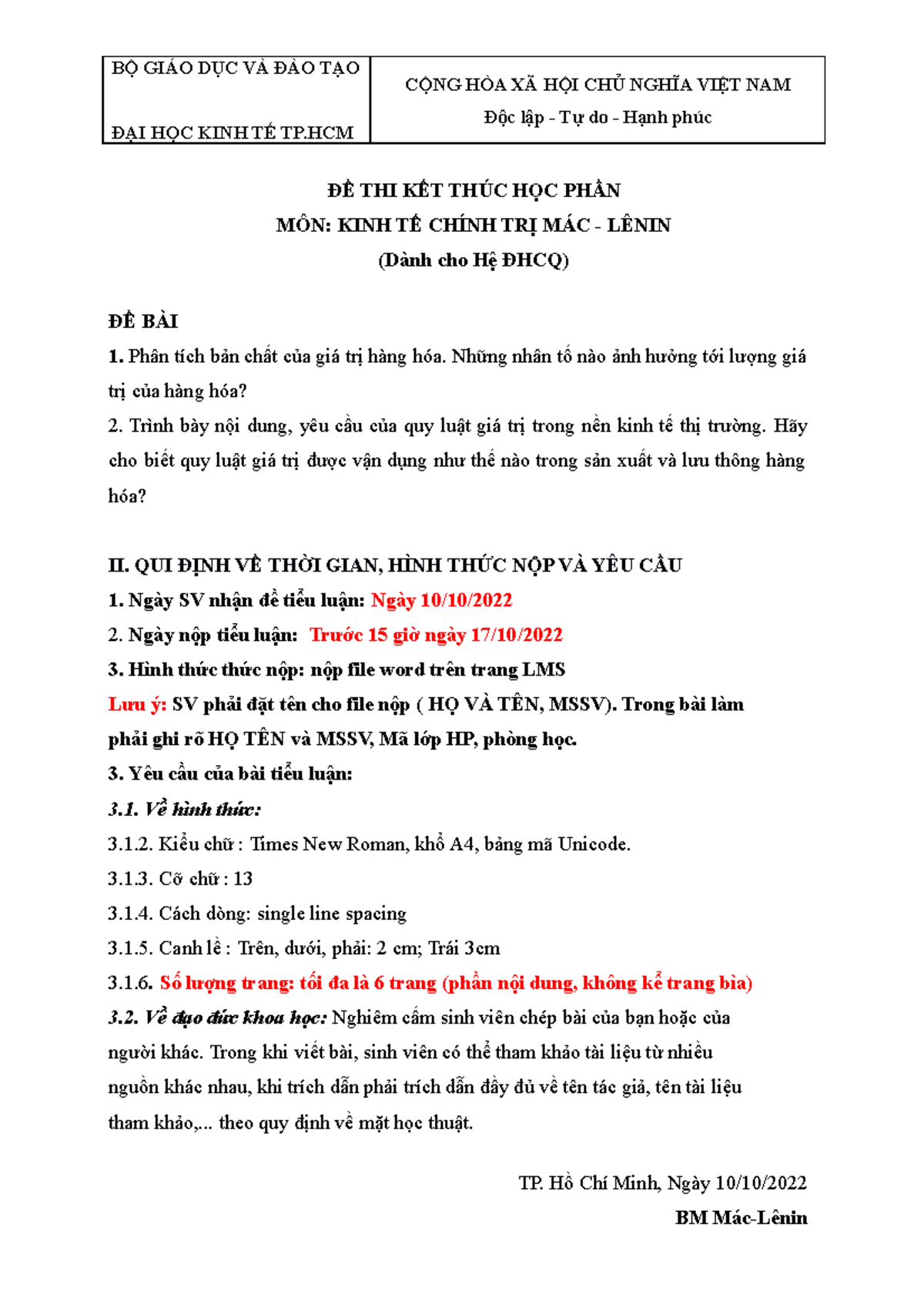 ĐỀ THI KTHP-KTCT-10 - Xin credit tải tài liệu - BỘ GIÁO DỤC VÀ ĐÀO TẠO ĐẠI HỌC KINH TẾ TP CỘNG ...