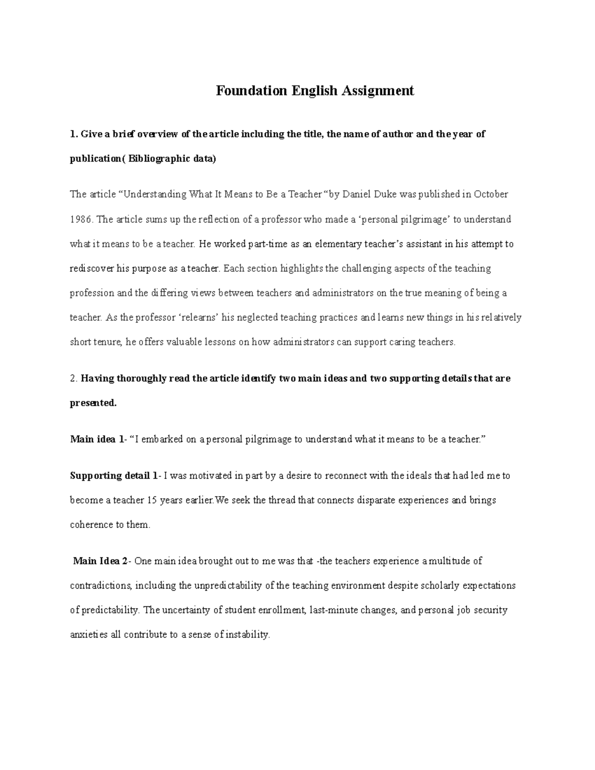 Foundation English Assignment - Give a brief overview of the article ...