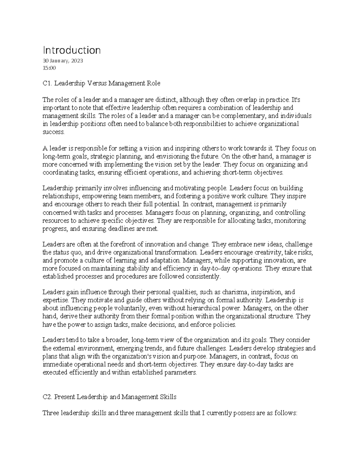 Task 2 Leadership and Management - Introduction 30 January, 2023 15: C1 ...
