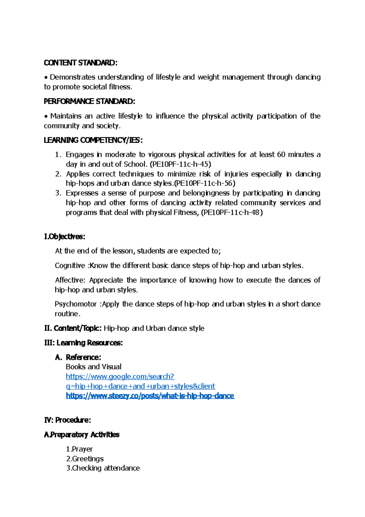 Lesson plan 1 - CONTENT STANDARD: Demonstrates understanding of ...