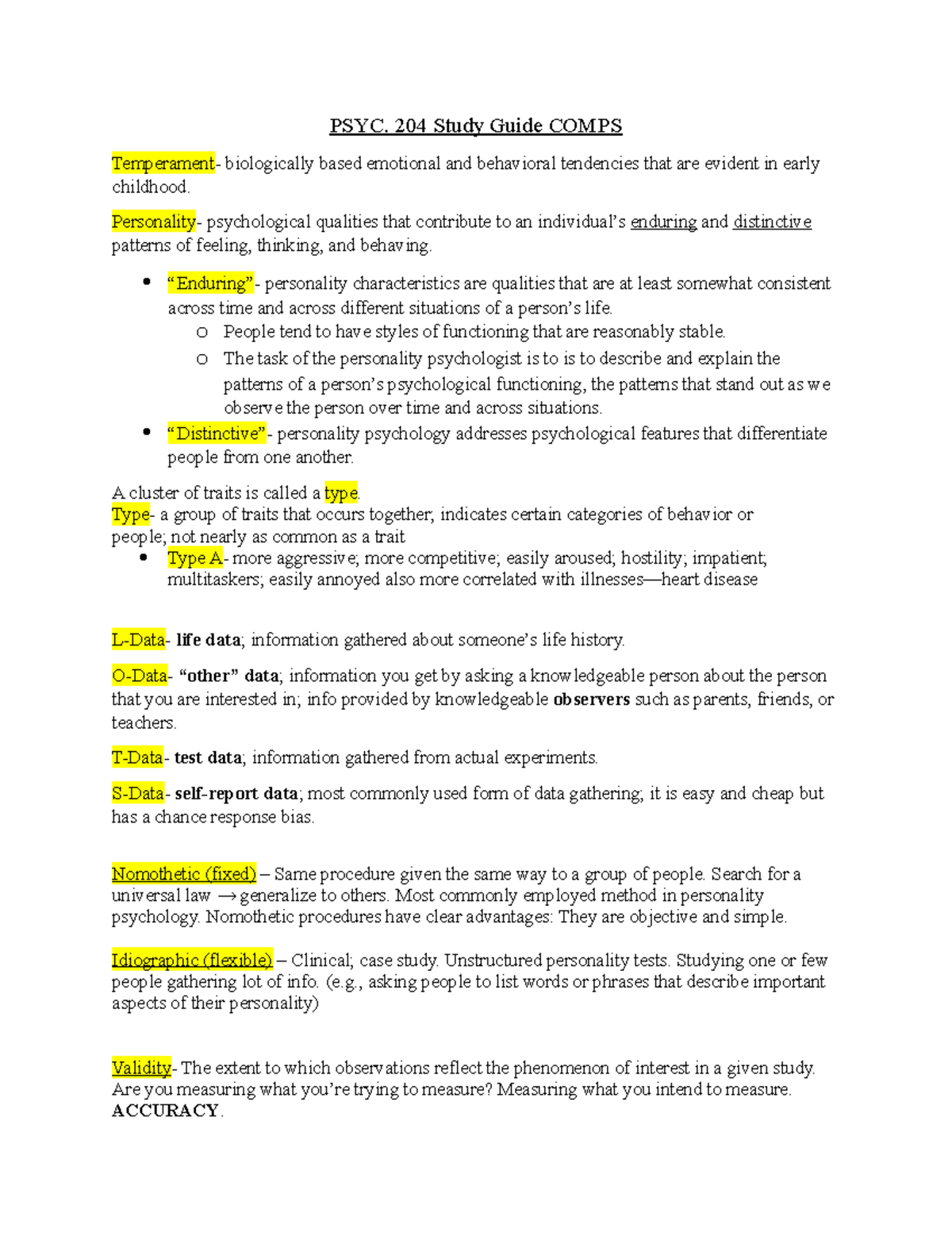 Study Guide for Personality - PSYC. 204 Study Guide COMPS Temperament ...