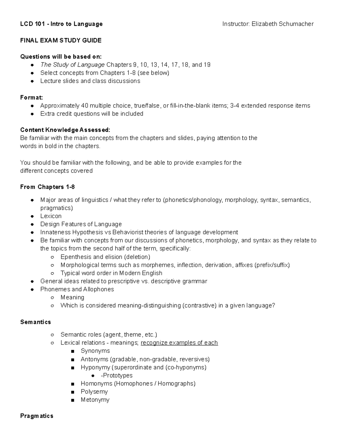 LCD 101 Final Study Guide Fall 2022 - LCD 101 - Intro to Language ...