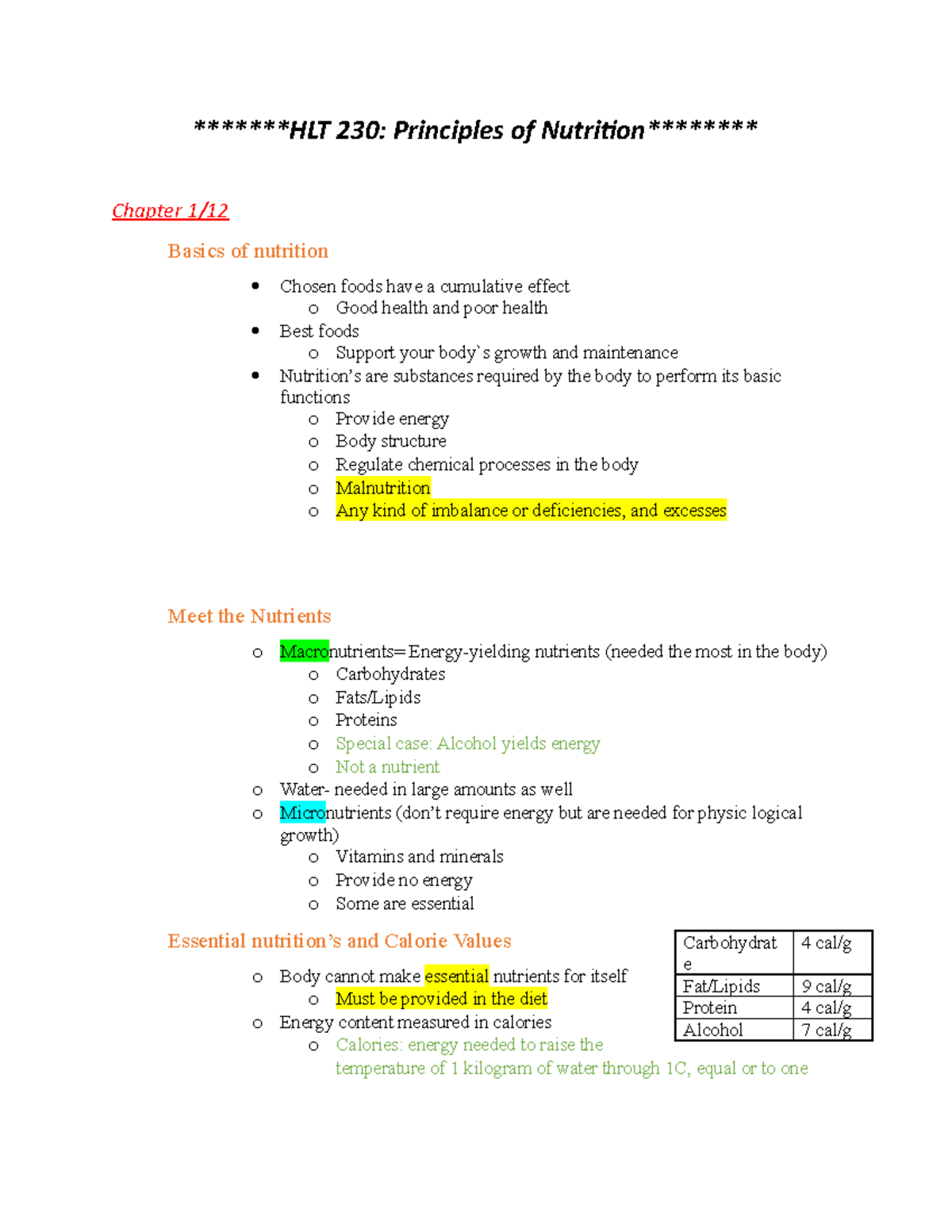 HLT 230 notes - HLT 230: Principles of Nutrition* Chapter 1/ Basics of ...