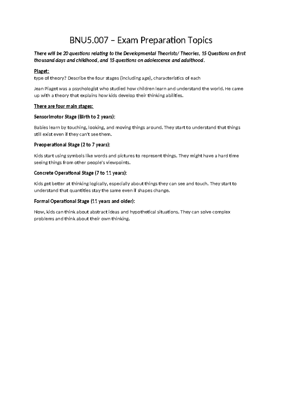 BNU5.007 Exam Preparation sheet - BNU5 – Exam Preparation Topics There ...