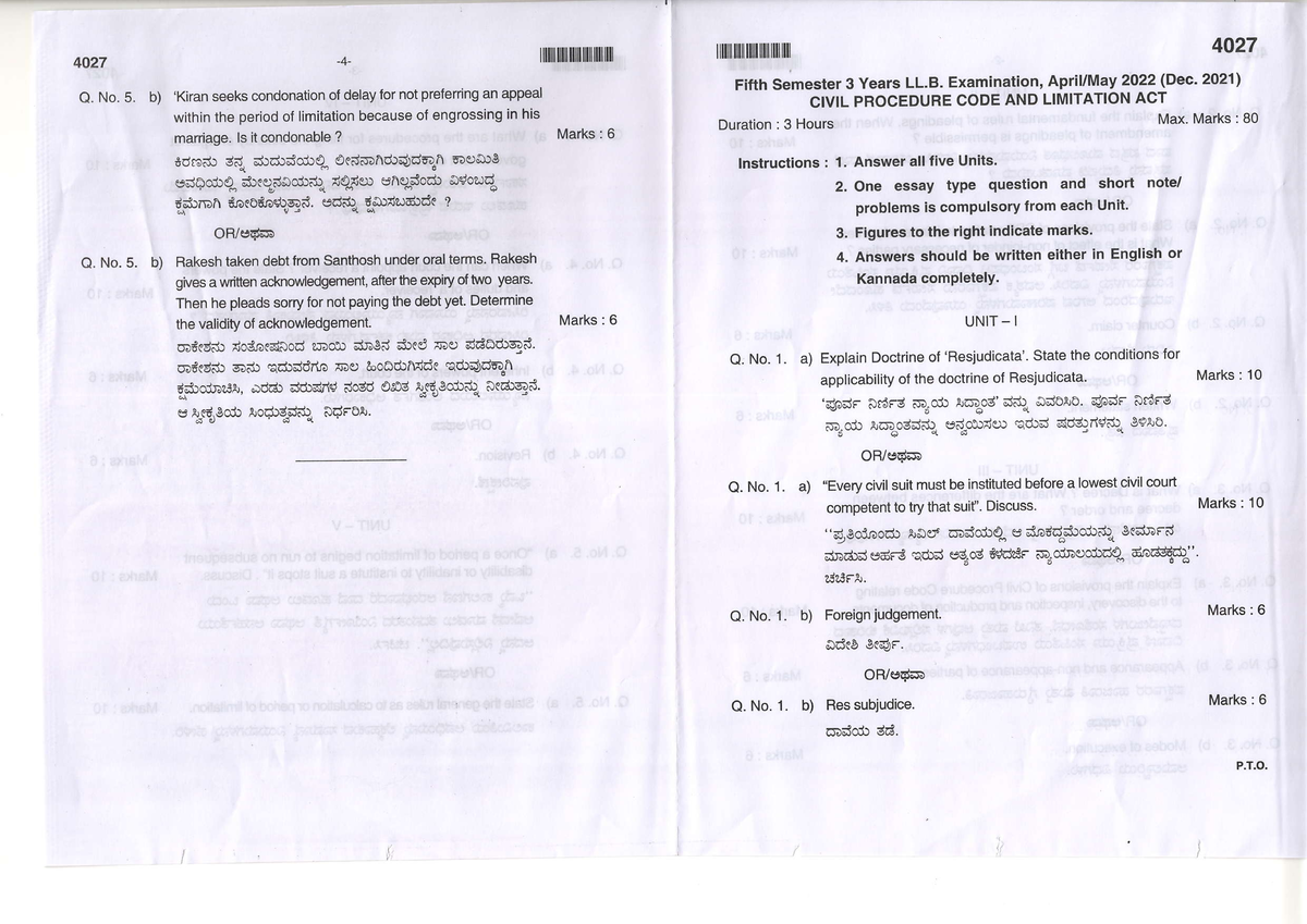 CPC May 2022 80marks - Question Paper - 4027 Q. No. 5. b) O. No. b ...