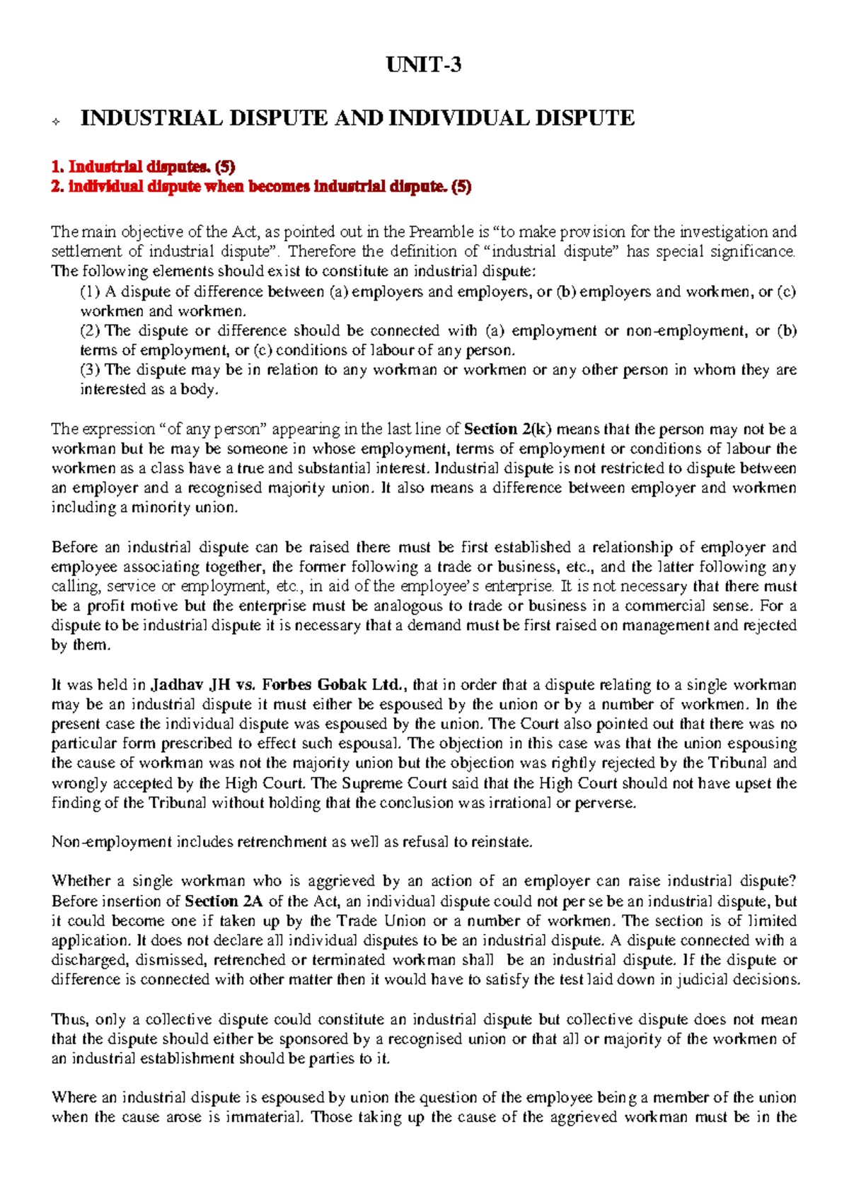 Labour LAW UNIT 3 - ID ACT - UNIT- 3 INDUSTRIAL DISPUTE AND INDIVIDUAL ...