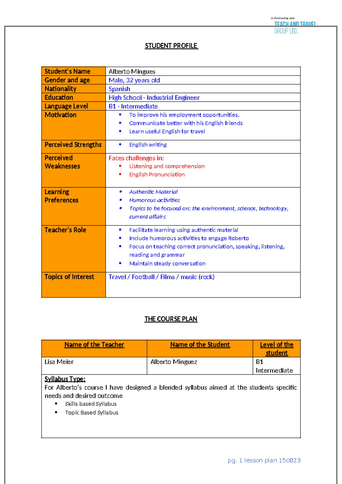 Assignement Plan 1 - i-to-i Lesson Plan 5 - Alberto - STUDENT PROFILE ...