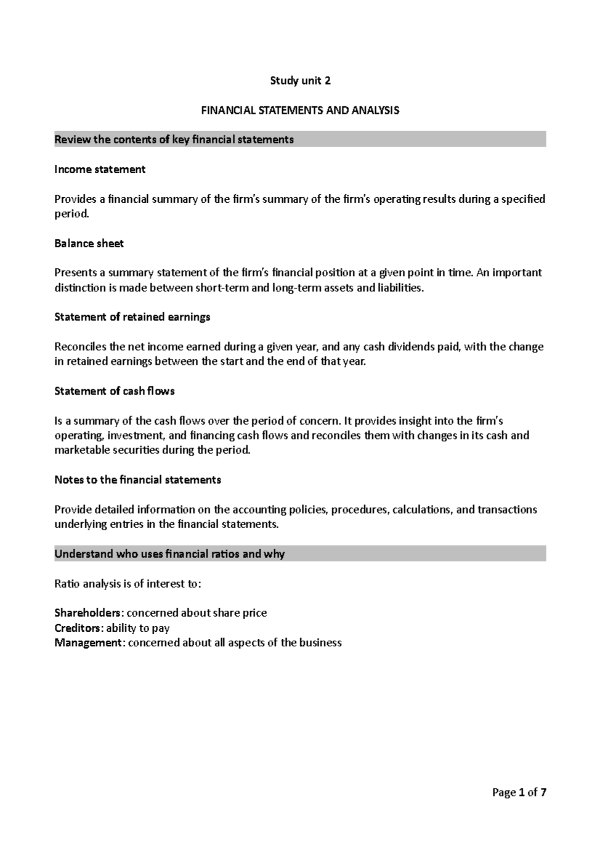 FIN2601 Study Unit 2 - Study unit 2 FINANCIAL STATEMENTS AND ANALYSIS ...