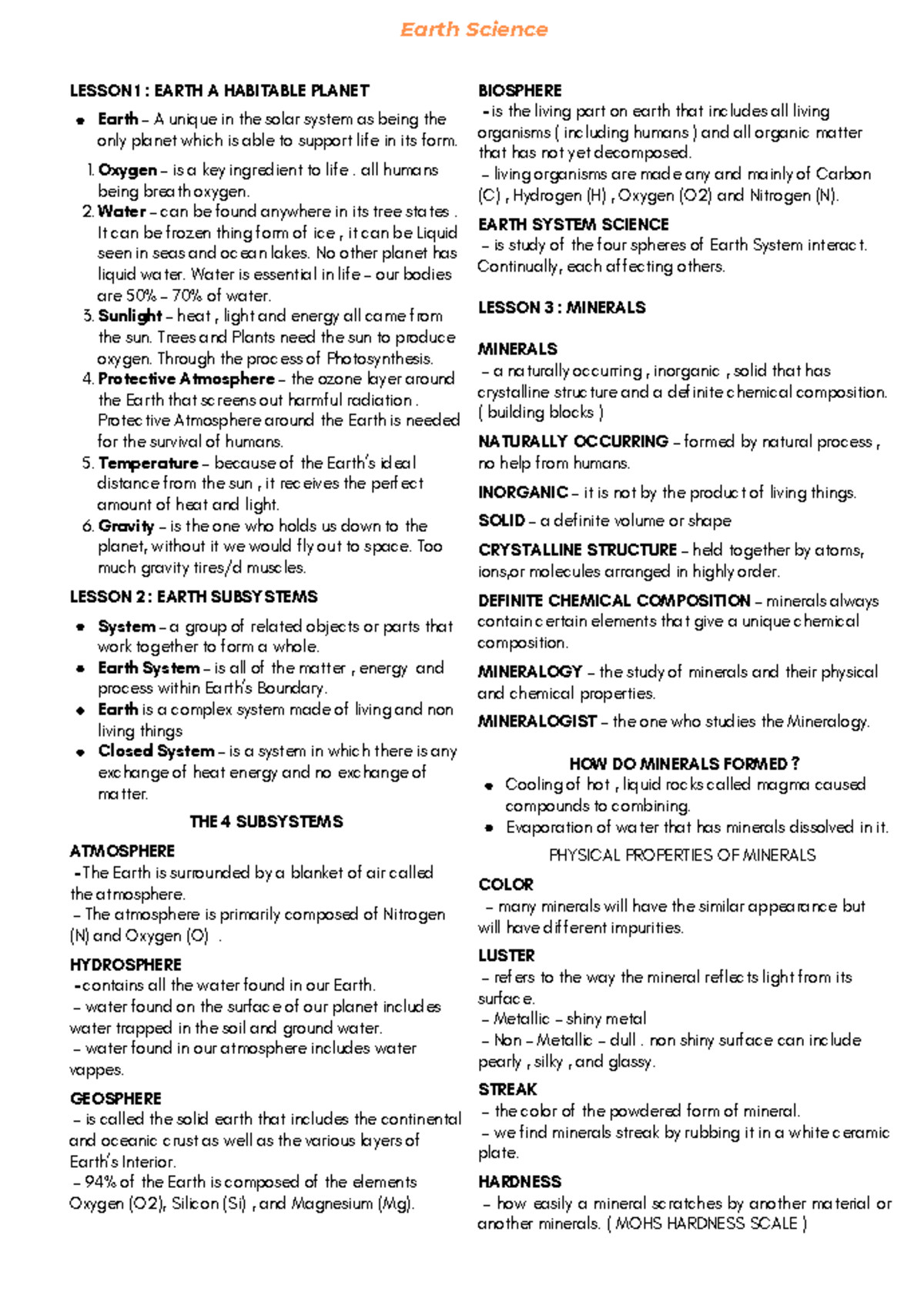 Earth Science Reviewer ( 1st Quarter ) - Earth Science LESSON 1 : EARTH ...