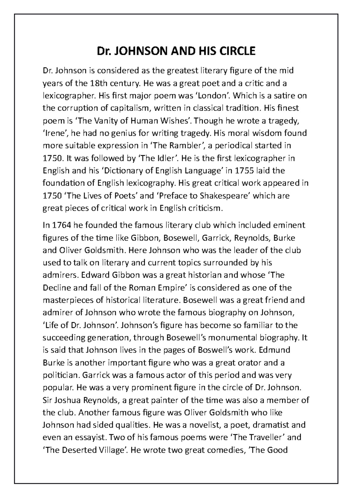 Dr. Johnson AND HIS Circle - Dr. JOHNSON AND HIS CIRCLE Dr. Johnson is ...