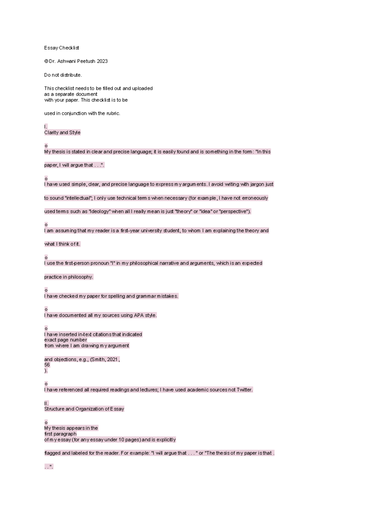 Checklist 2 - Google Docs - Essay Checklist © Dr. Ashwani Peetush 2023 ...