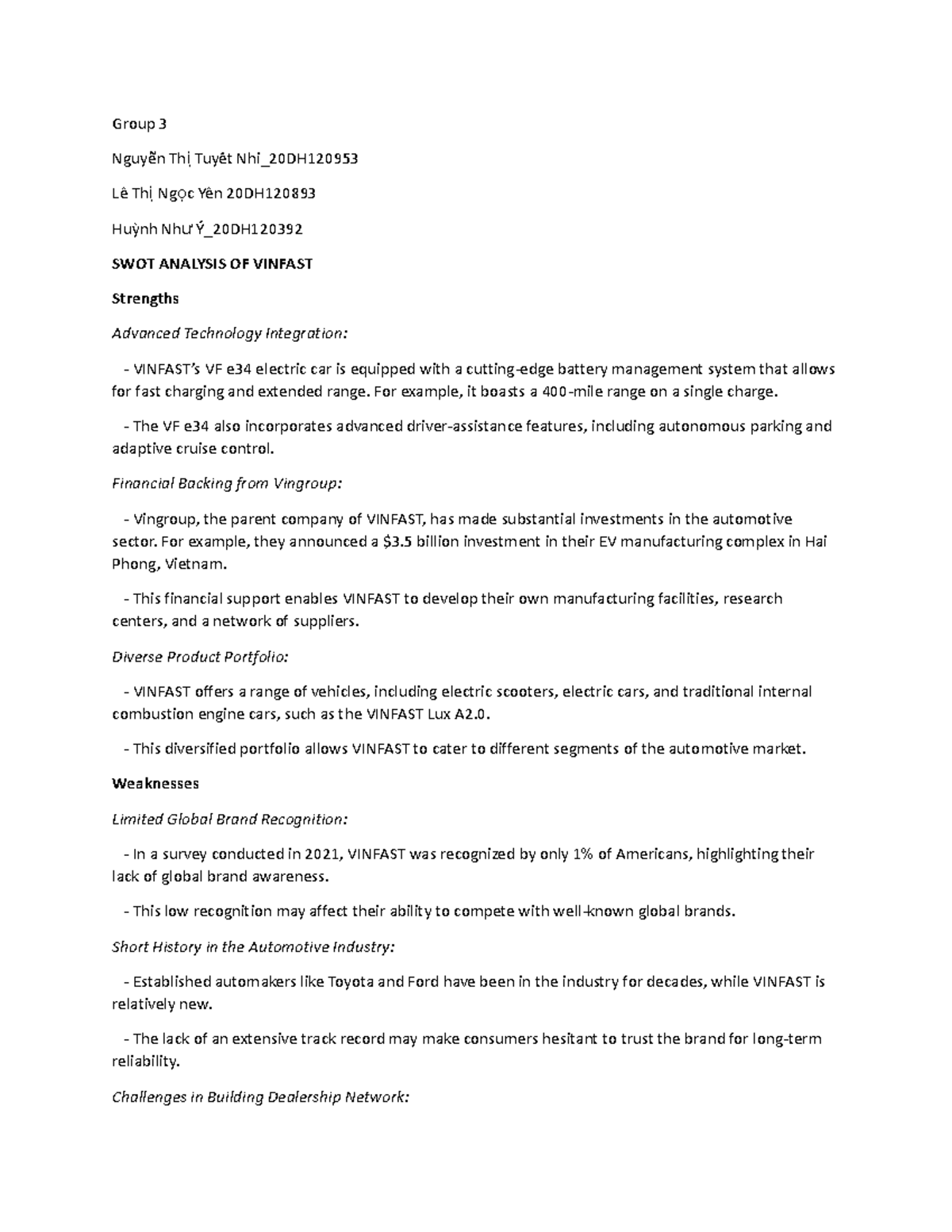 SWOT ( Vinfast) - SWOT VÌNAST - Group 3 Nguyễễn Th Tuyễết Nhi ...