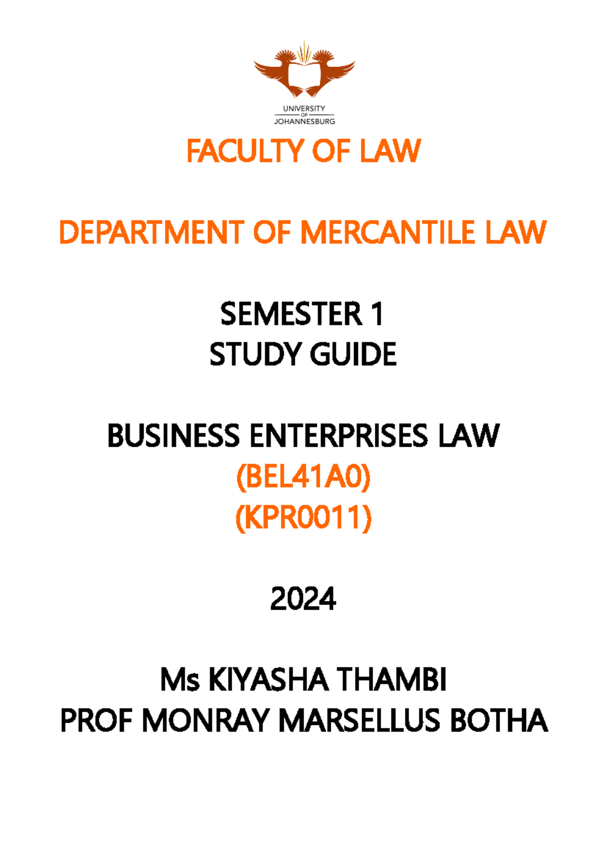 BEL Study Guide 2024 - FACULTY OF LAW DEPARTMENT OF MERCANTILE LAW ...