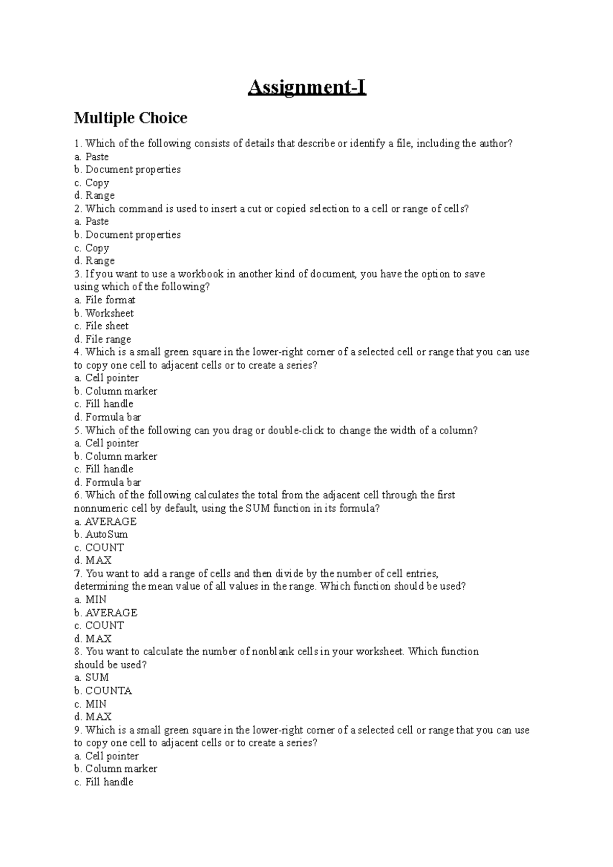 Assignment-I Multiple Choice Questions of Excel for BBA 1st Semester ...