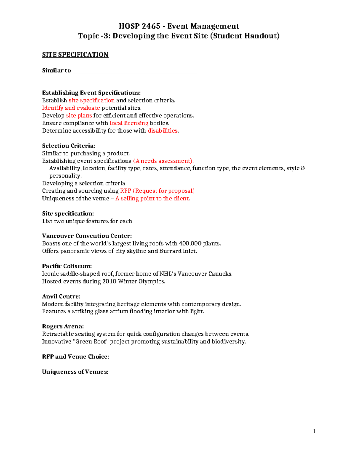 HOSP 2465 Topic - 3 Handout - Topic -3: Developing the Event Site ...