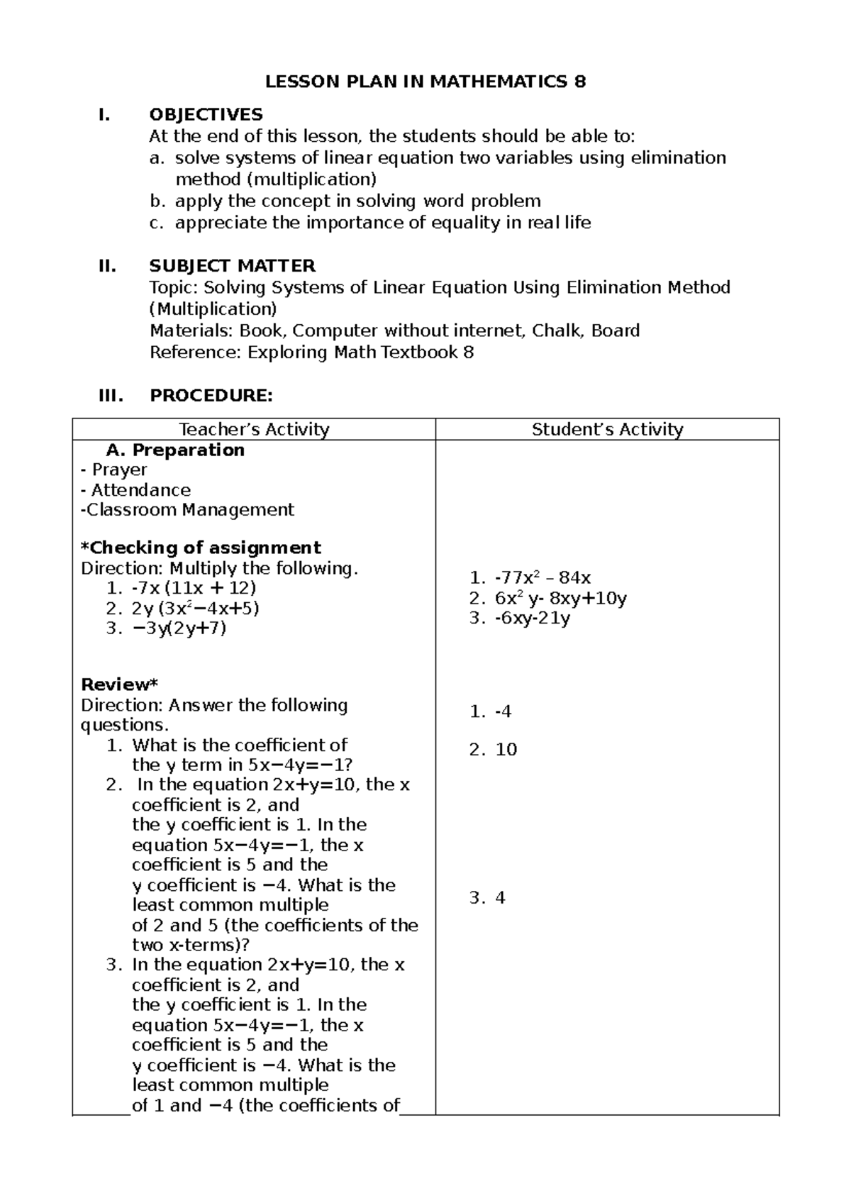 Elimination- multiplication - LESSON PLAN IN MATHEMATICS 8 I ...