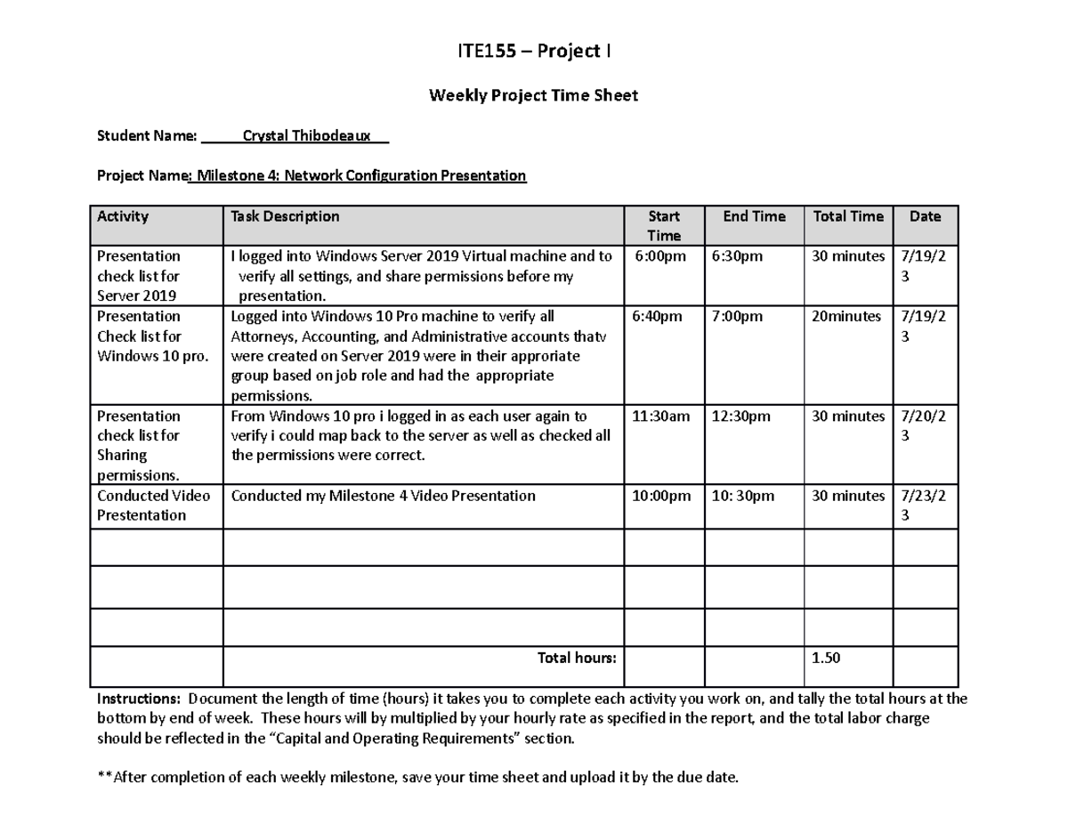 WEEK4 TIMESHEET - ITE155 – Project I Weekly Project Time Sheet Student ...