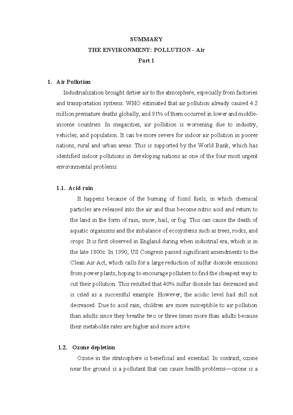 Global Issues - Environment Pollution Air Summary 1 - SUMMARY THE ...