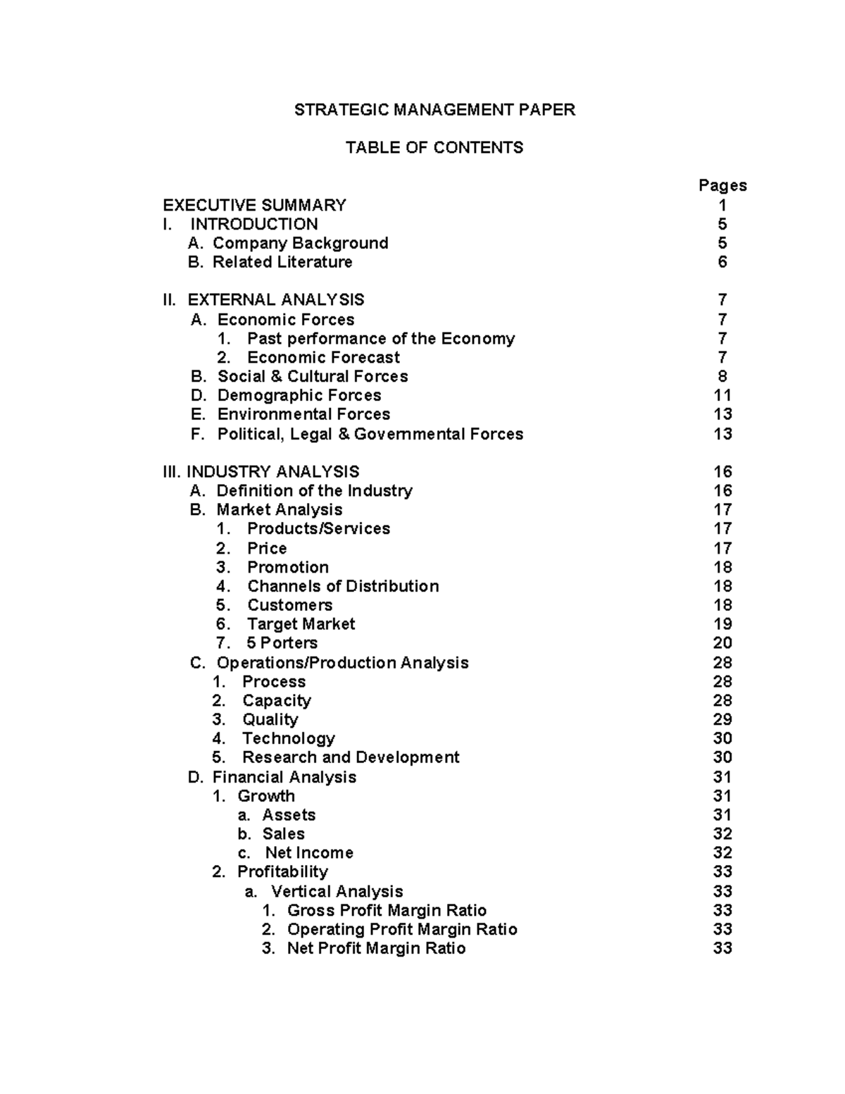 Strategic Management Paper Table of Content Tentative - STRATEGIC ...