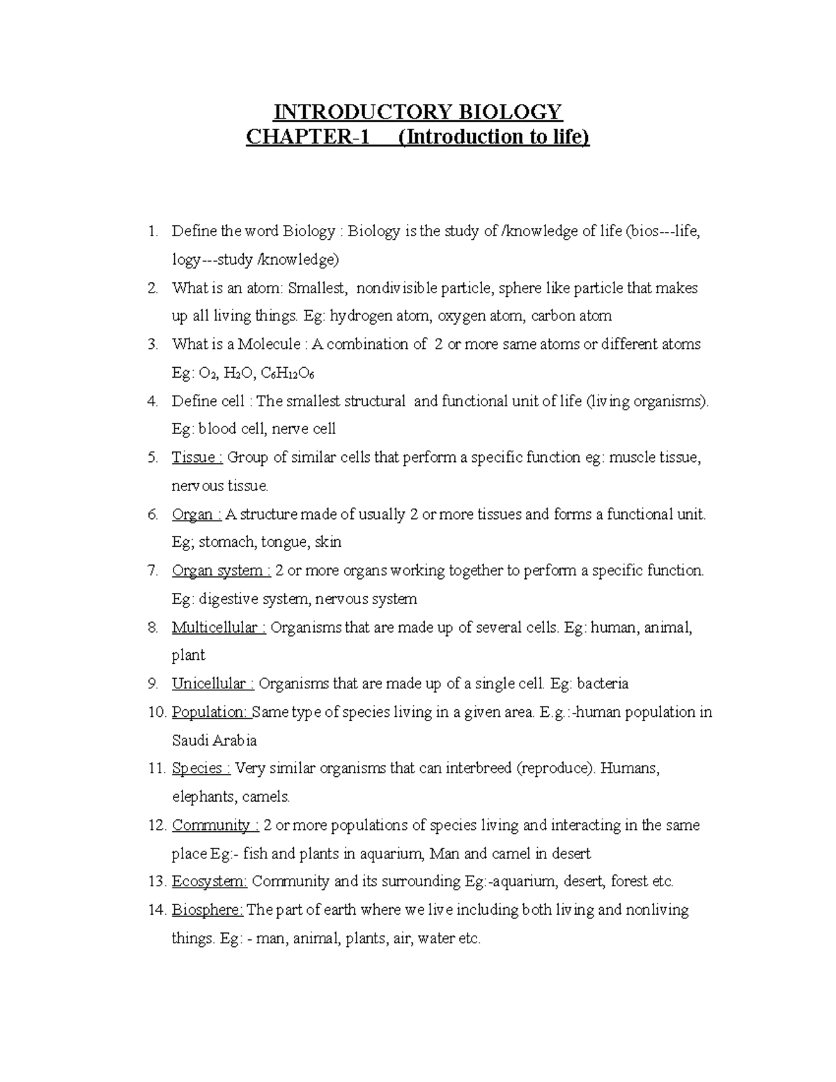 Worksheet Of Chapter 1 Bio INTRODUCTORY BIOLOGY Introduction To Life