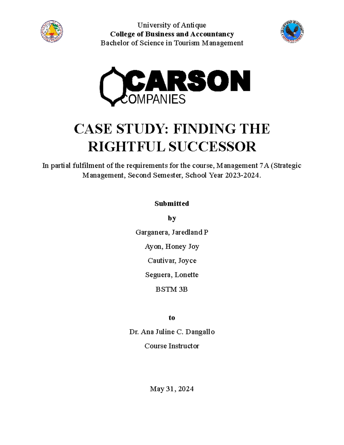 CASE- Study- Carson- Company - College of Business and Accountancy Bachelor of Science in ...
