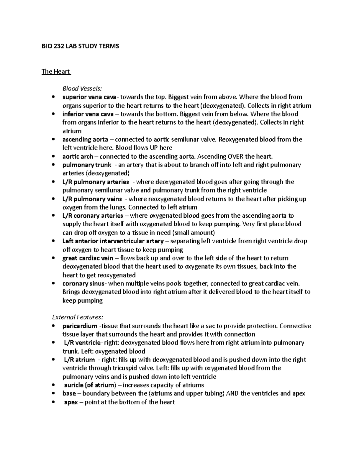 BIO 232 LAB Study Terms - lab notes - BIO 232 LAB STUDY TERMS The Heart ...