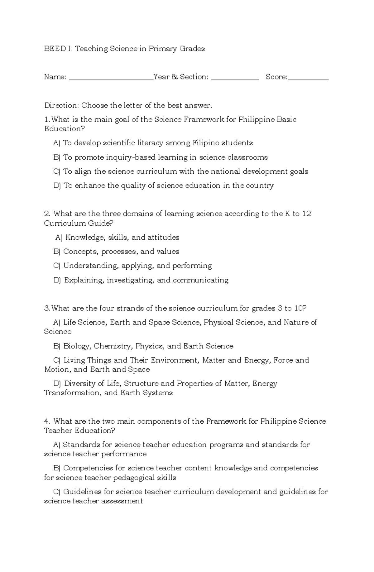 Beed I Teaching Primary grades - BEED I: Teaching Science in Primary ...