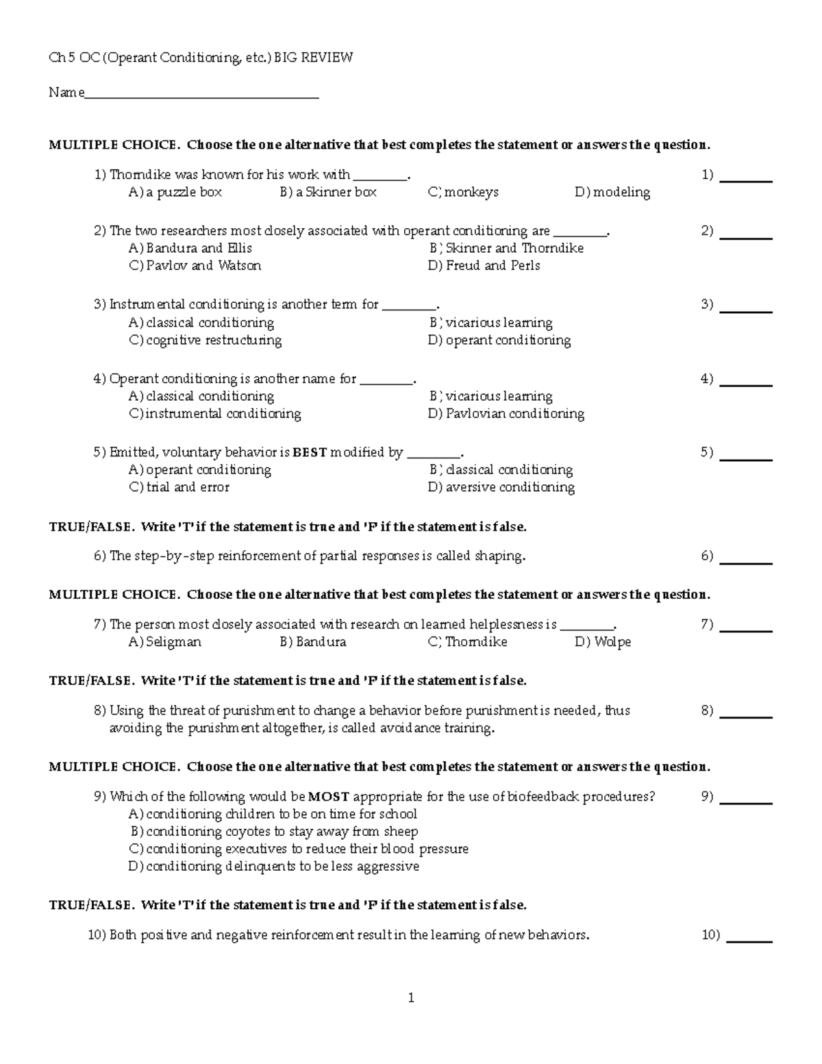 Ch 5 OC (Operant Conditioning, etc.) BIG Review - Ch 5 OC (Operant ...