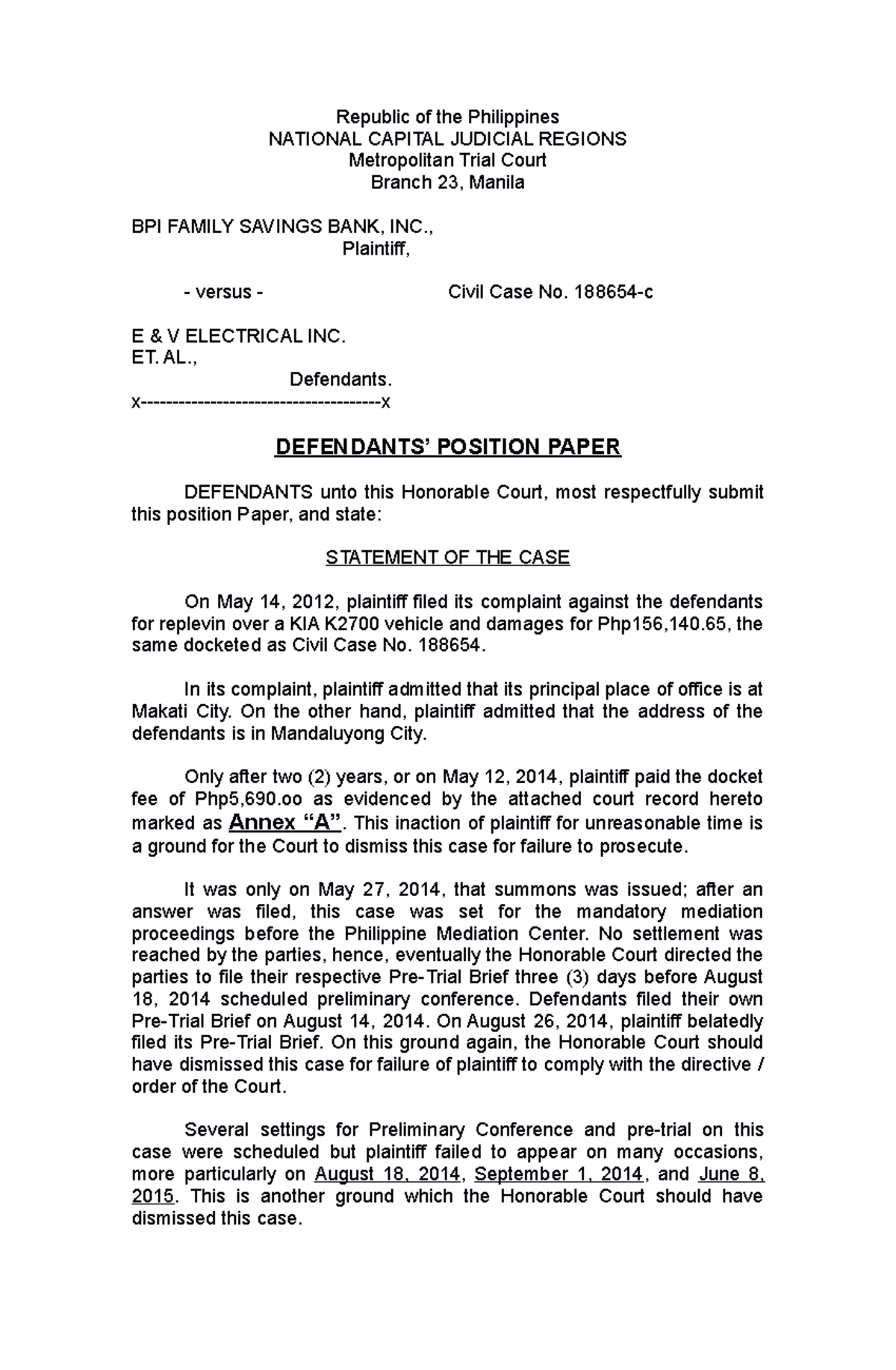 Replevin position paper - Republic of the Philippines NATIONAL CAPITAL ...