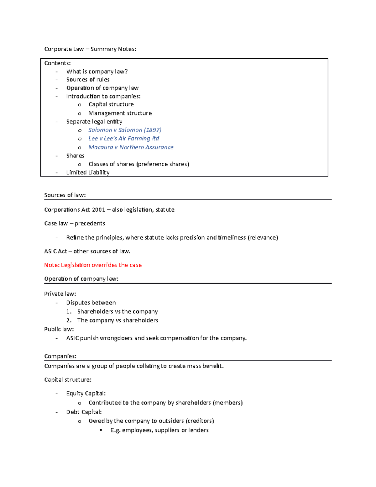 Corporate Law - Summary Notes - Corporate Law – Summary Notes: Contents ...