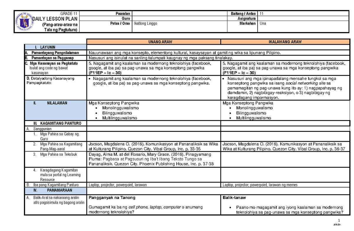 Pdfcoffee - Kompan - 1 GRADE 11 DAILY LESSON PLAN (Pang-araw-araw na Tala ng Pagtuturo) Paaralan ...