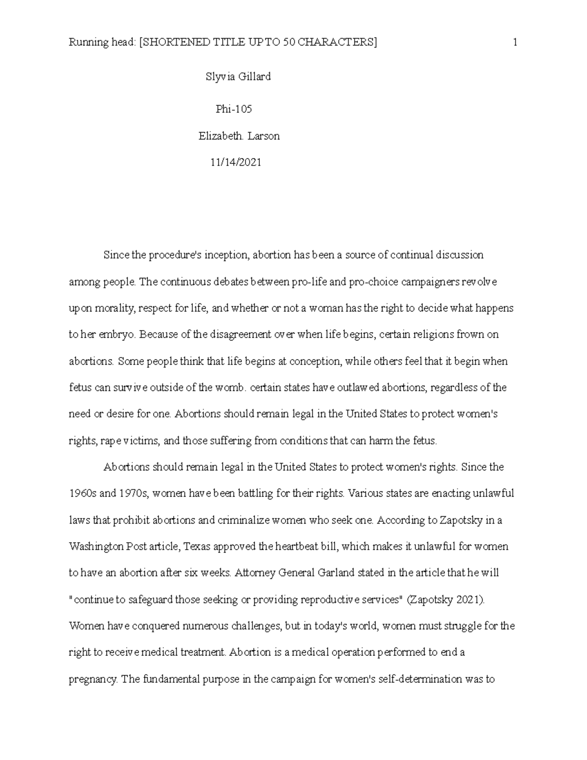 first persuasive essay - Running head: [SHORTENED TITLE UP TO 50 ...