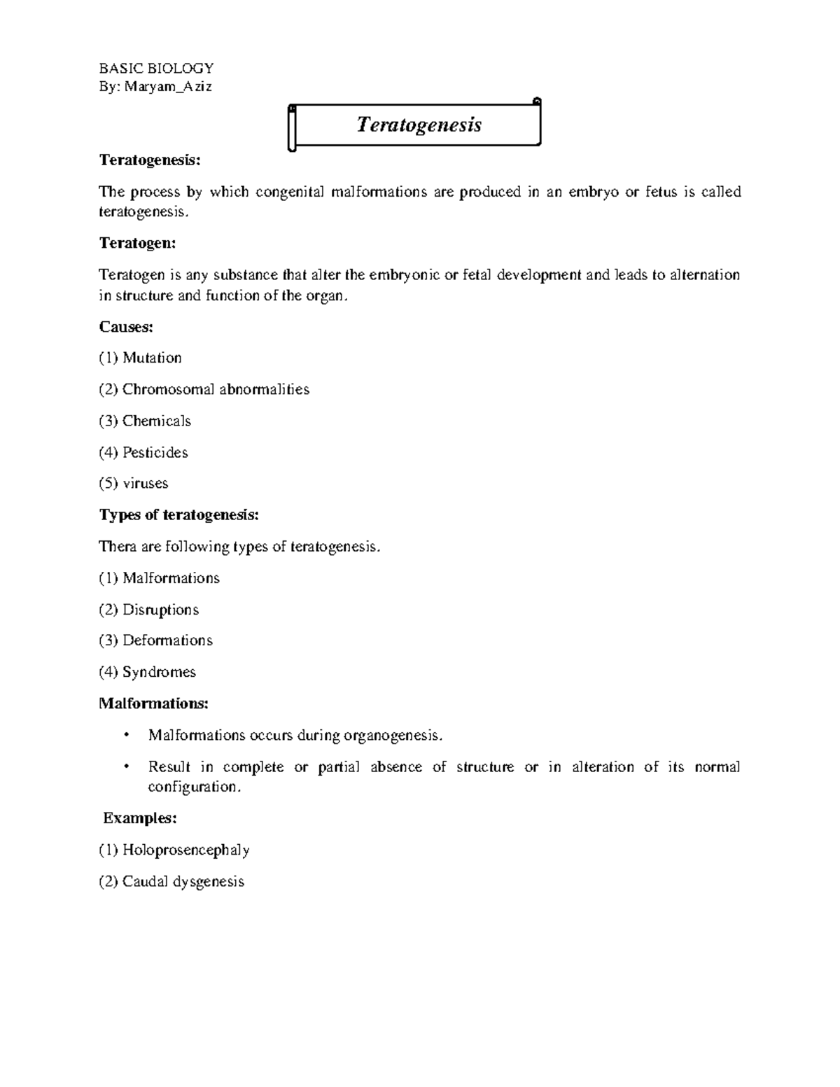 Teratogenesis - notes - By: Maryam_Aziz Teratogenesis Teratogenesis ...