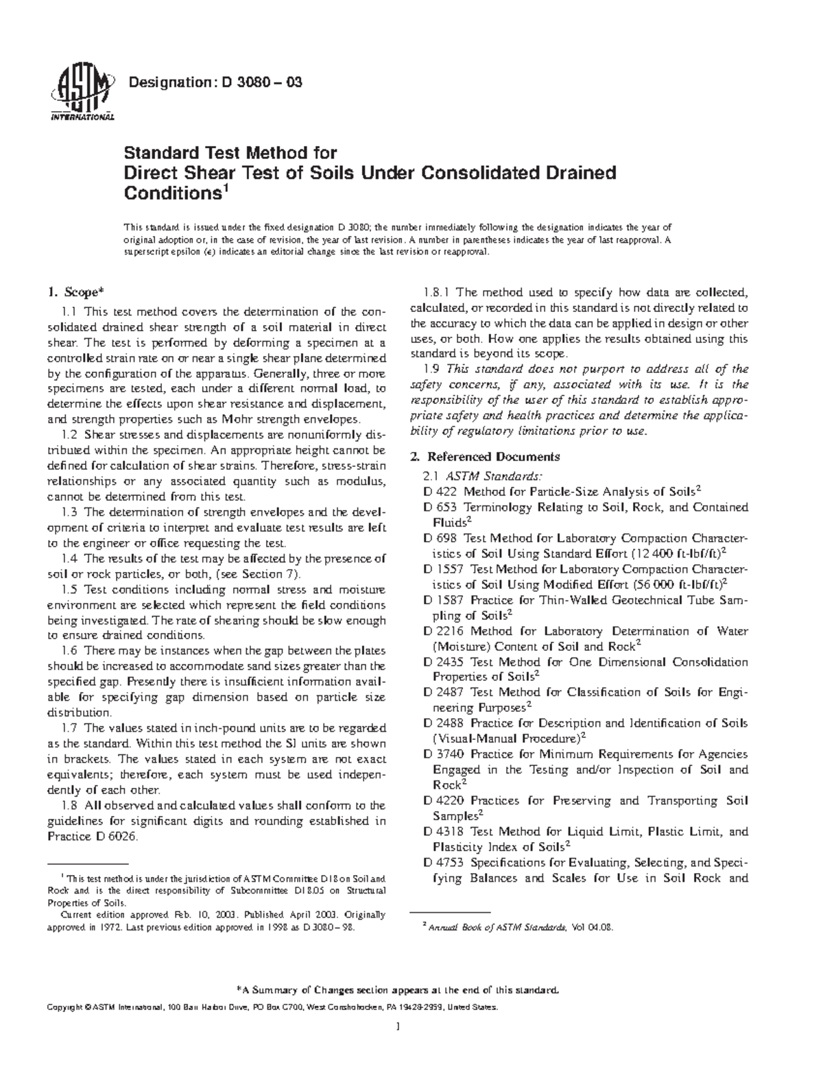 ASTM 3080 - cisalhamento direto - Designation: D 3080 – 03 Standard ...