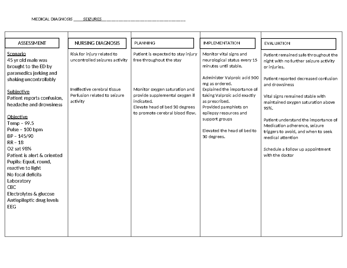 Seizures - Patient CARE PLAN - MEDICAL DIAGNOSIS SEIZURES ...