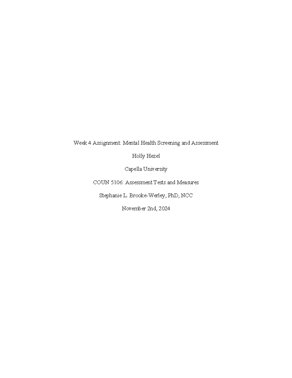 Week 4 Assignment Mental Health Screening and Assessment - Week 4 Assignment: Mental Health ...