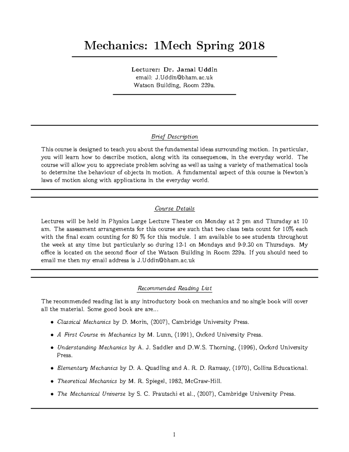 LC Mechanics - Notes 2017/2018 Part 1 - Mechanics: 1Mech Spring 2018 ...